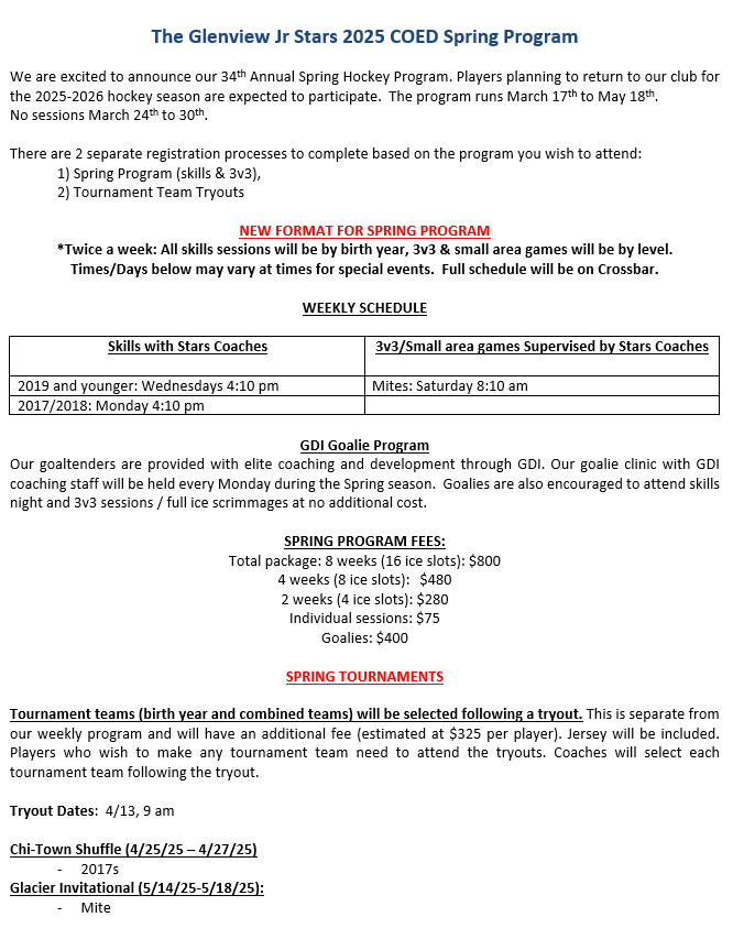 Glenview Stars Hockey Association | Jr Stars Tryout Registration