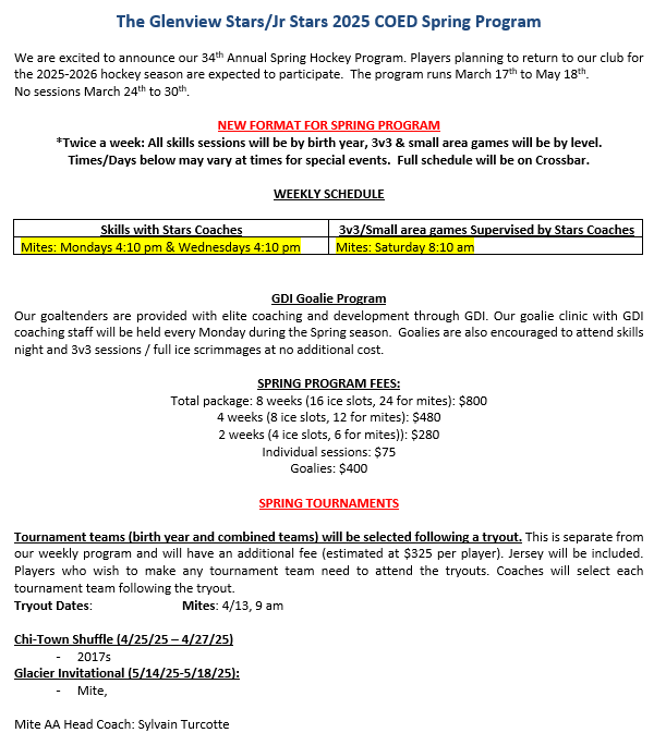 Glenview Stars Hockey Association | Jr Stars Tryout Registration