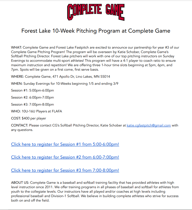 Forest Lake Area Fastpitch | FLAFA Winter Trainings and Clinics
