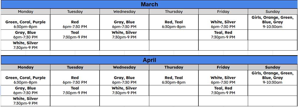 Top Performance Basketball | March and April Practice Schedule
