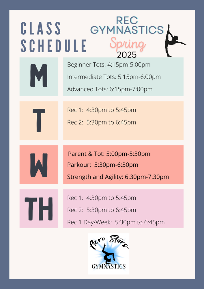 Acro Stars Gymnastics | Recreational Class Schedule- Spring 2025
