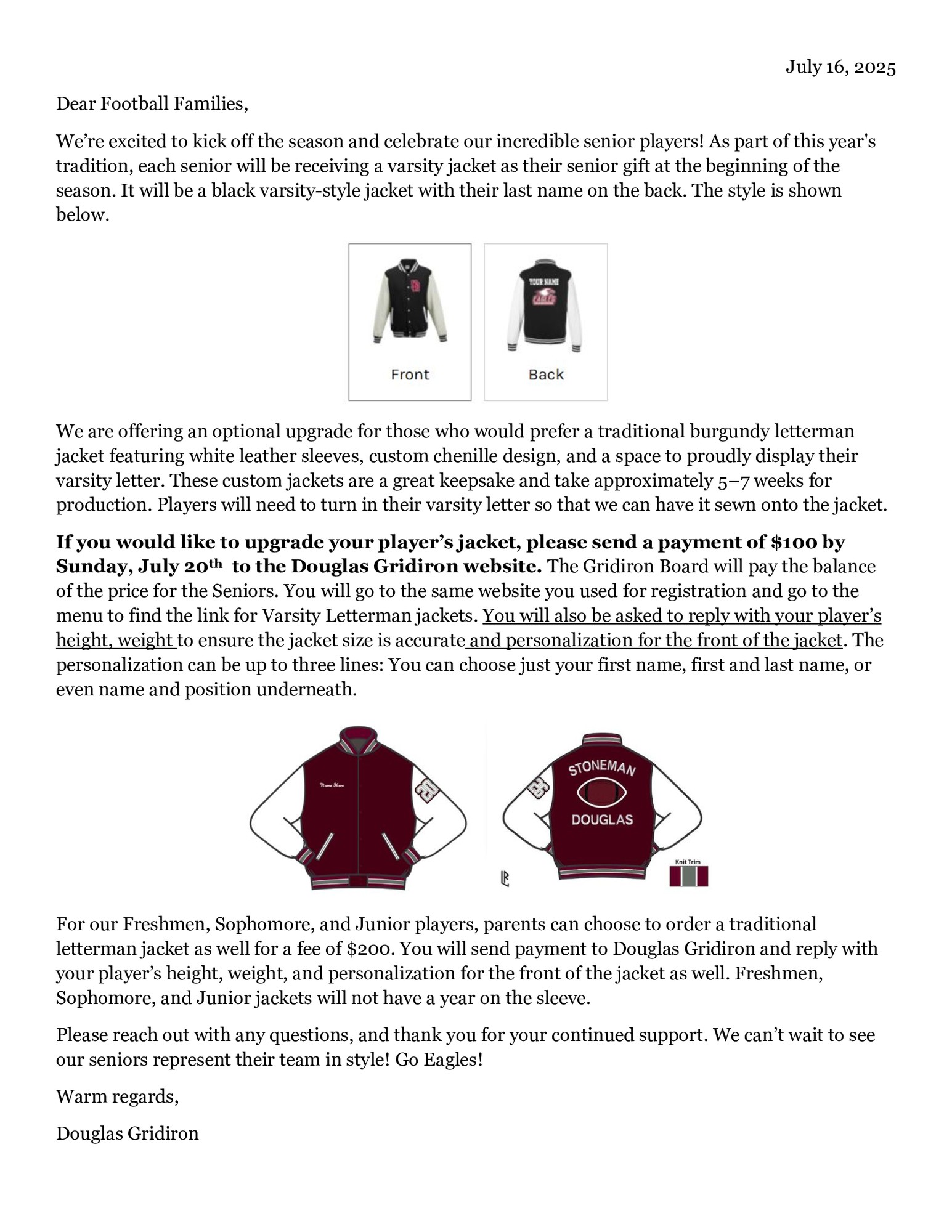 MSD Football | Varsity Letterman Jacket