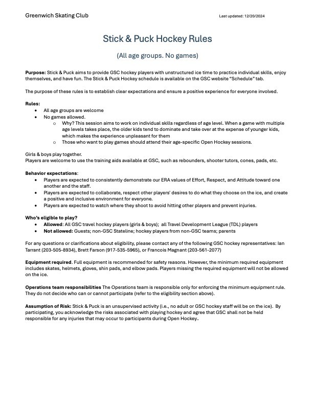 Greenwich Skating Club | Stick and Puck Rules