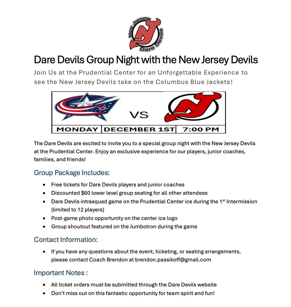 NJ Dare Devils | Group Night to See the Devils vs. Columbus on Monday, 12/1 at 7pm